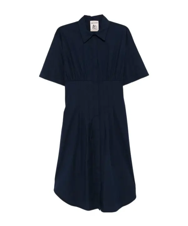 SEMICOUTURE Short Sleeve Shirt Dress With Pleated Details - Blue