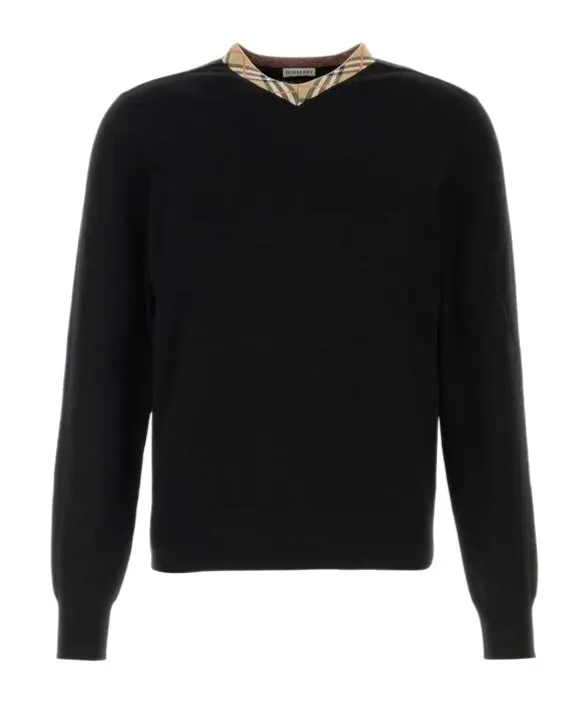 Burberry Knitted Sweater With Check Trim - Black