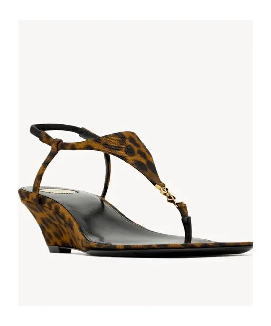 Saint Laurent Cassandra Leopard Wedge Sandals - Brown
