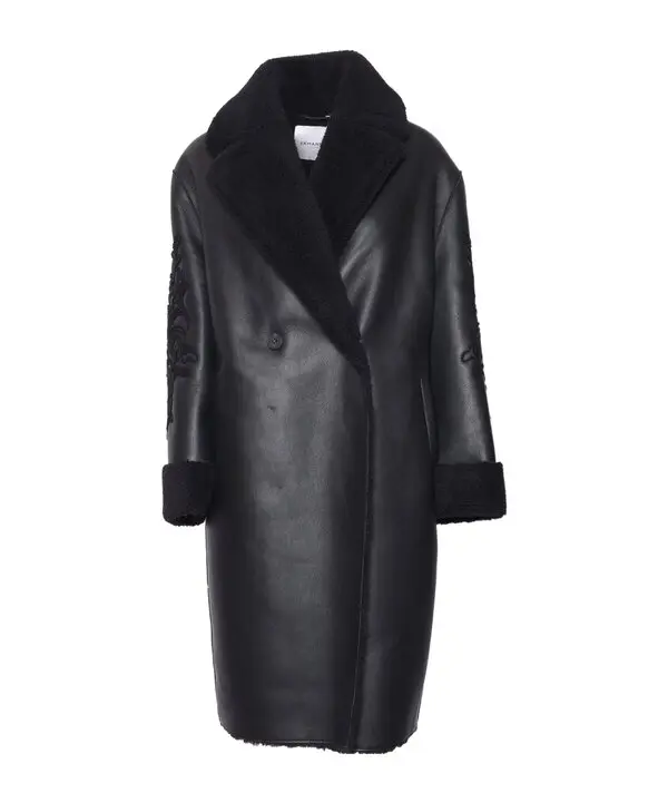 Ermanno Scervino Long-sleeved Double-breasted Coat With Faux Fur Trim And Embroidery