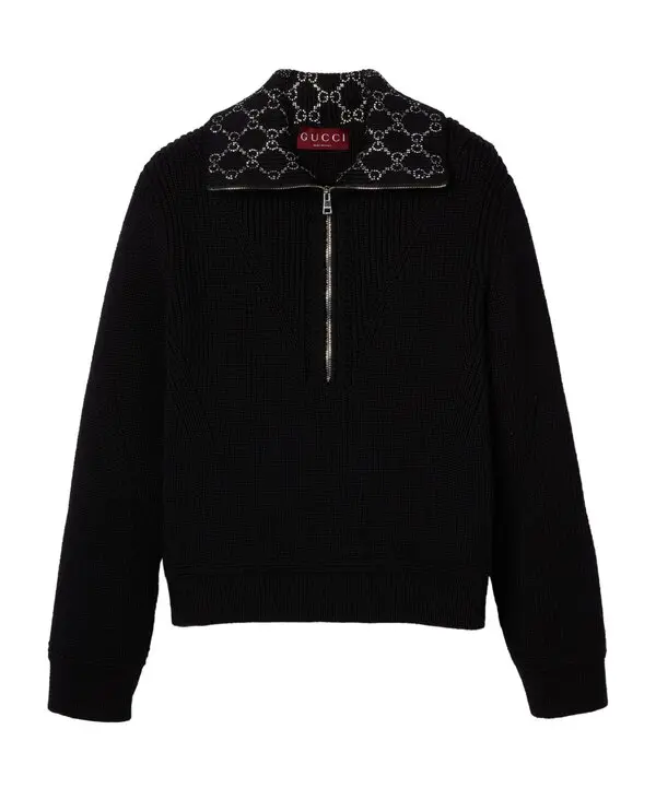 Gucci Gg Embroidered Zip-up Knit Top - Black