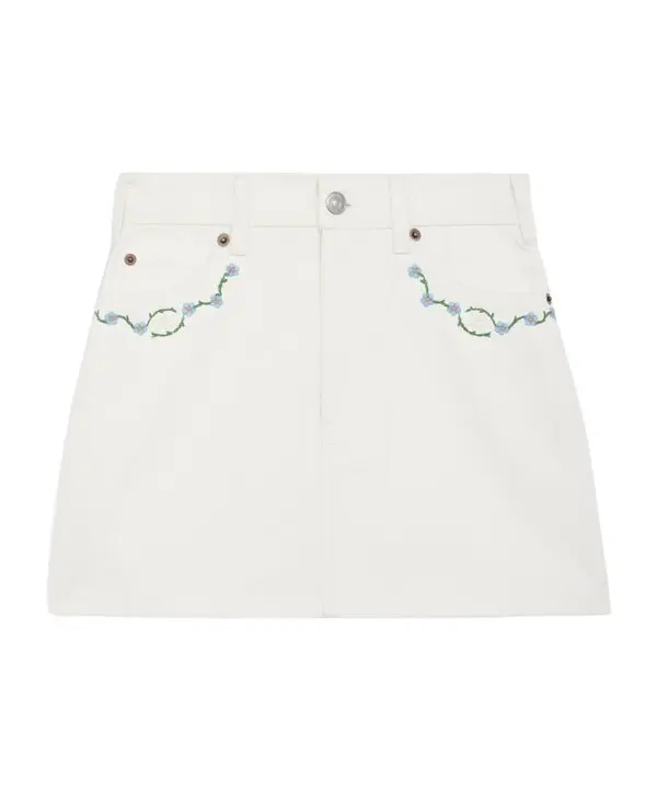 Celine Embroidered Mini Skirt In Raw Wash Denim - White