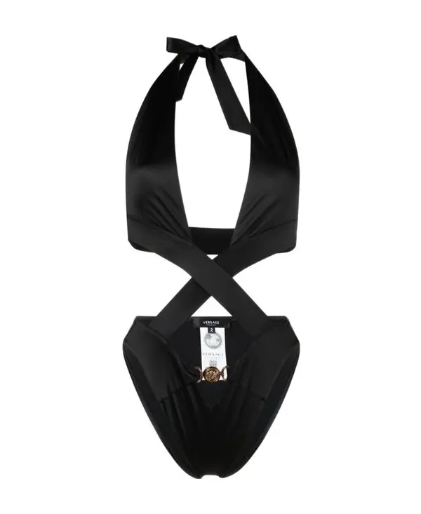 Versace Logo Detailed Cut-out Halterneck Swimsuit - Black