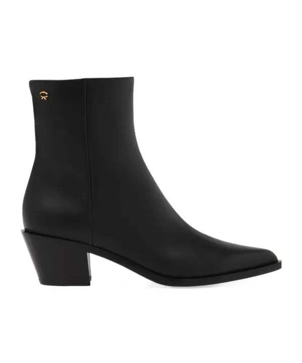 GIANVITO ROSSI Pointed Toe Ankle Boots With Gold Logo Detail - Black