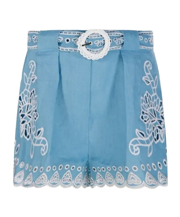 Farm Rio Embroidered Belted Shorts - Blue