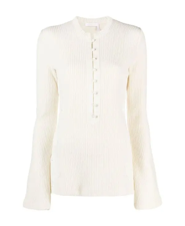 Chloé Ribbed Knit Flare Sleeve Top With Lace Detail