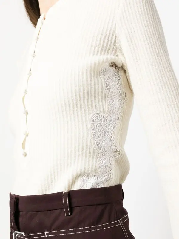 Chloé Ribbed Knit Flare Sleeve Top With Lace Detail