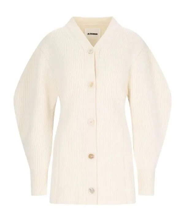 JIL SANDER V-neck Knitted Cardigan With Lantern Sleeves - Cream