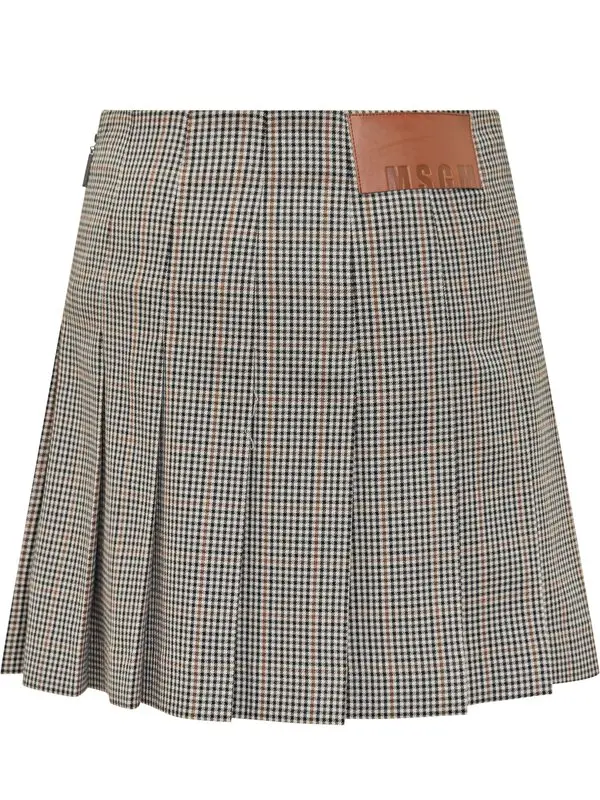 MSGM Plaid Pleated Mini Skirt With Logo Patch - Gray