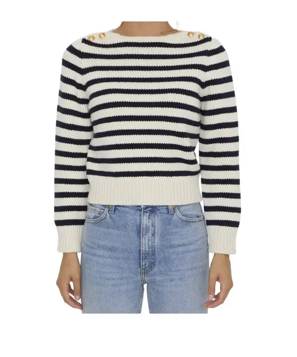 Celine Boat Neck Marinière Sweater In Cashmere - Cream/navy