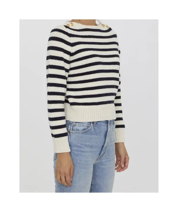Celine Boat Neck Marinière Sweater In Cashmere - Cream/navy