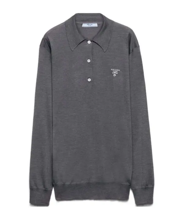 Prada Logo Embroidered Long-sleeve Polo Shirt - Slate Grey