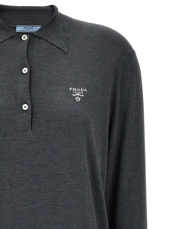 Prada Logo Embroidered Long-sleeve Polo Shirt - Slate Grey