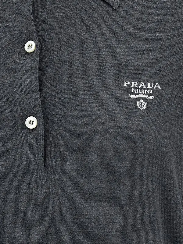 Prada Logo Embroidered Long-sleeve Polo Shirt - Slate Grey