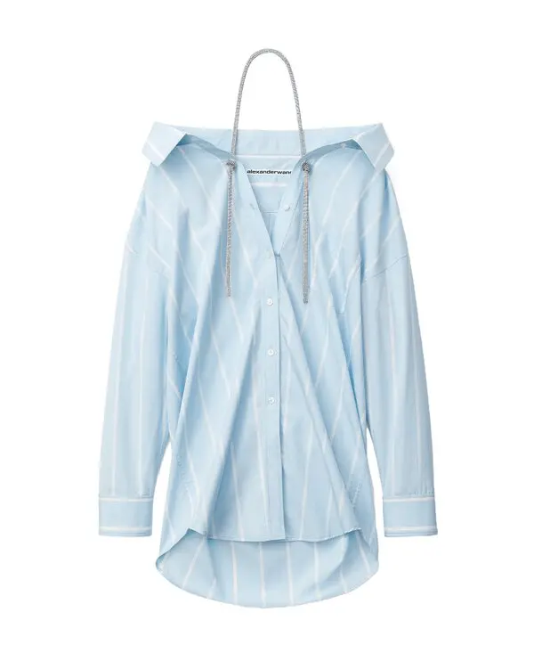 Alexander Wang Crystal Embellished Striped Cotton Shirt - Oxford Blue/white