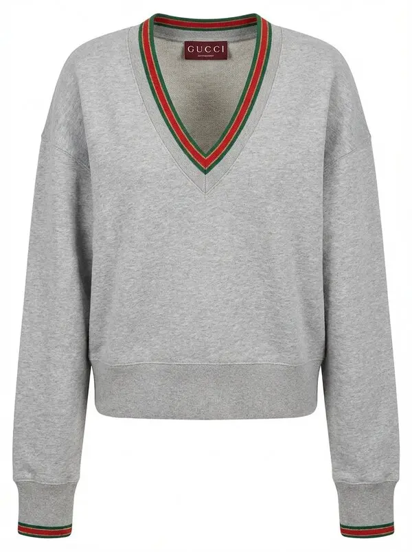 Gucci V-neck Web Jersey Sweatshirt - Light Gray