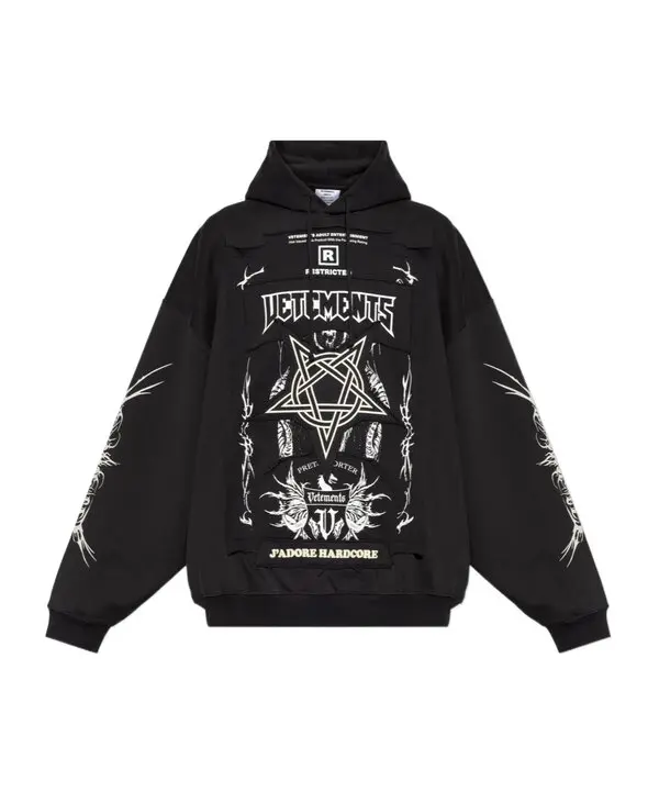 Vetements Logo Patch Drawstring Hoodie - Black