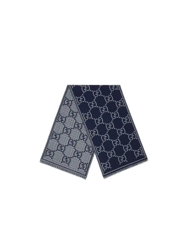 Gucci Gg Jacquard Fringed Edge Scarf - Grey And Blue
