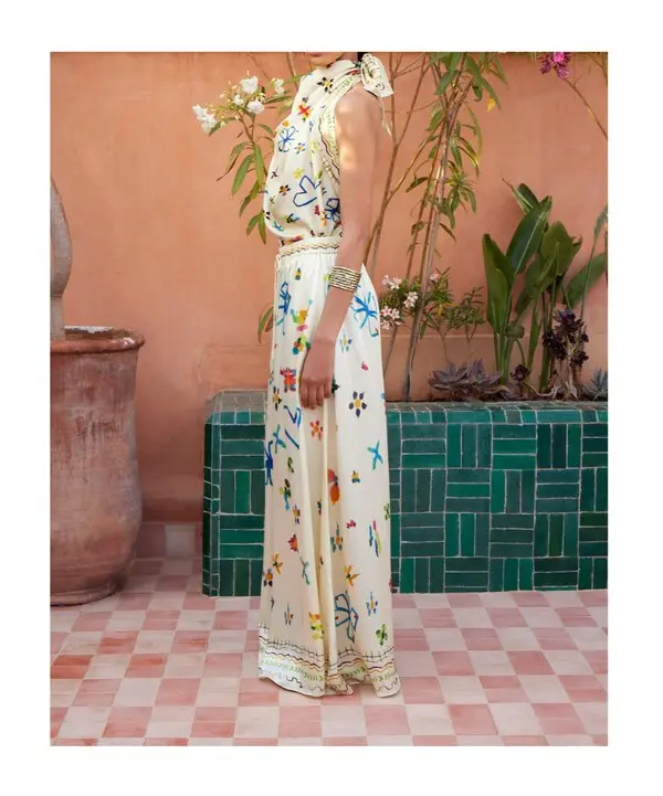 ALEMAIS Sidi Silk Printed Wide Leg Trousers - Nude