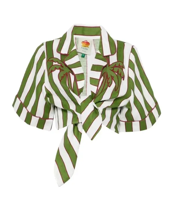 Farm Rio Striped Cropped Blouse With Palm Tree Detail And Lace-up Front
