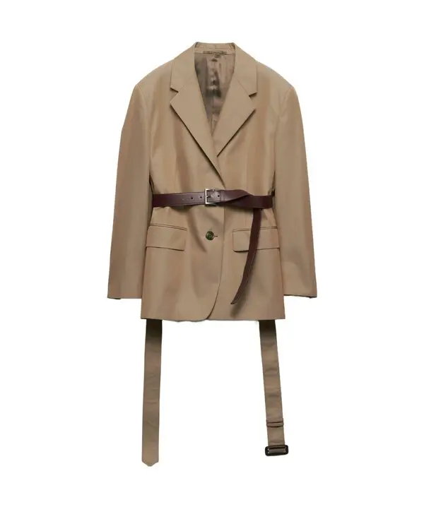 Prada Single-breasted Twill Jacket With Leather Belt - Natural