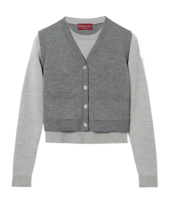 Gucci V-neck Vest Overlay Knit Sweater - Grey