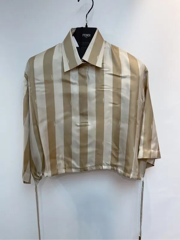 Fendi Striped Cropped Shirt With Drawstring Hem - Beige