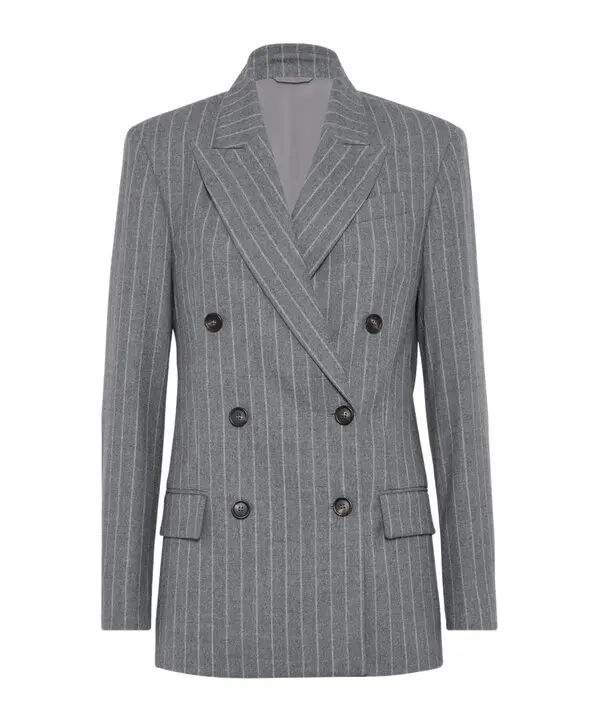 Brunello Cucinelli Pinstripe Double-breasted Blazer With Monili Chain Detail - Medium Gray