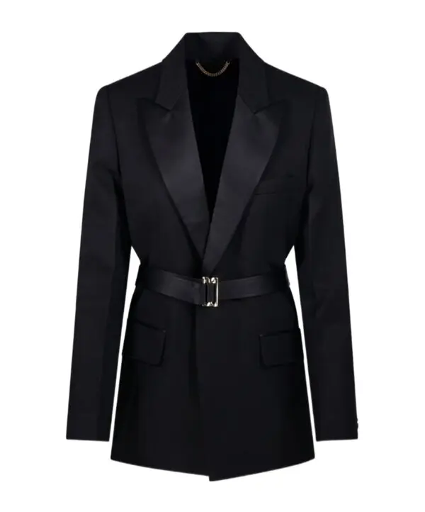 Victoria Beckham Belted Blazer With Gold Chain Detail - Black