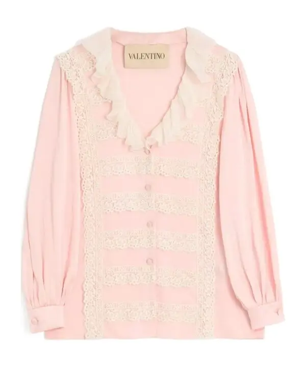 Valentino Garavani Hammered Satin Shirt With Lace Panels - Pink White/ivory White