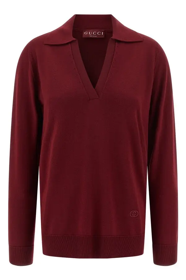 Gucci Embroidered Long-sleeve Knit Polo Shirt - Rosso Ancora