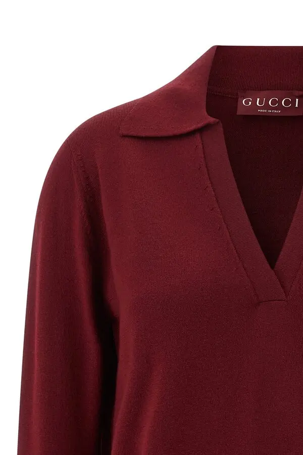 Gucci Embroidered Long-sleeve Knit Polo Shirt - Rosso Ancora