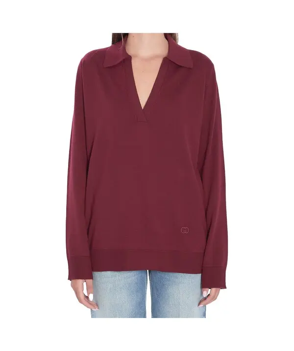 Gucci Embroidered Long-sleeve Knit Polo Shirt - Rosso Ancora