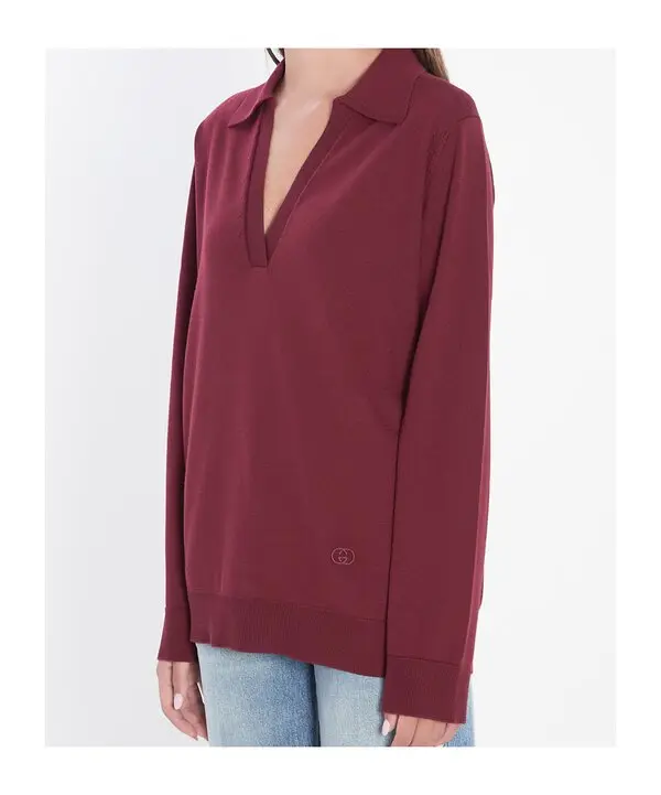 Gucci Embroidered Long-sleeve Knit Polo Shirt - Rosso Ancora