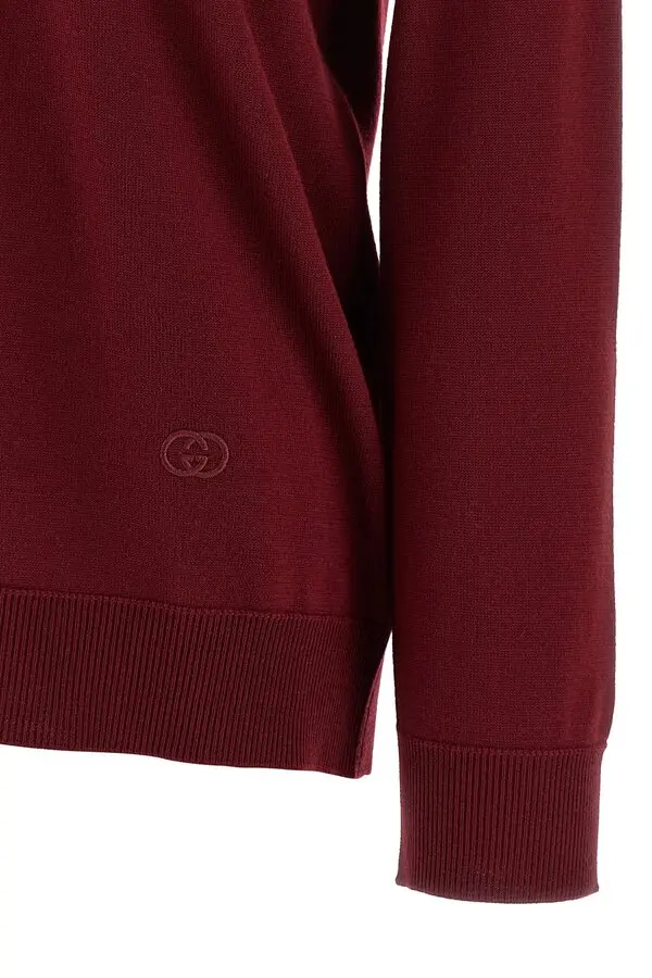 Gucci Embroidered Long-sleeve Knit Polo Shirt - Rosso Ancora
