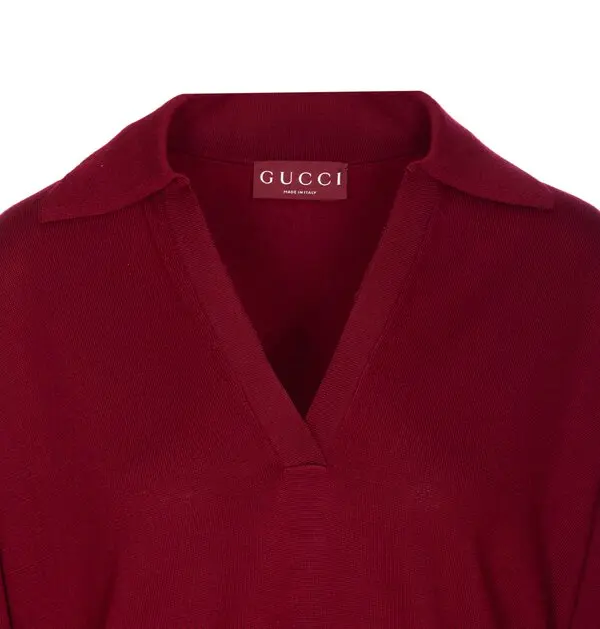 Gucci Embroidered Long-sleeve Knit Polo Shirt - Rosso Ancora
