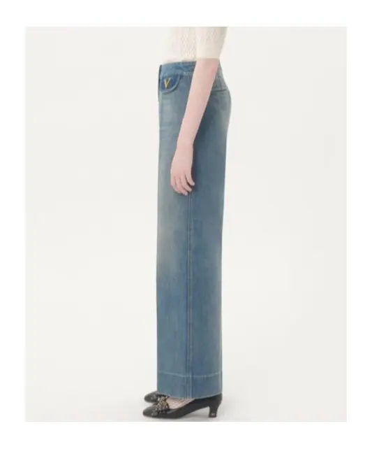 Valentino Garavani V Gold Embellished Denim Trousers - Blue
