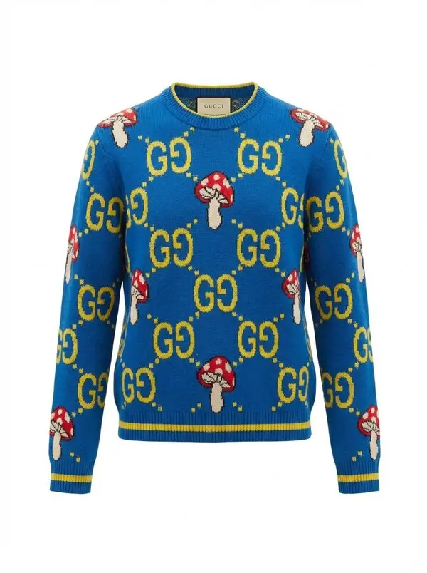 Gucci Double G Mushroom Intarsia Wool Jumper - Blue