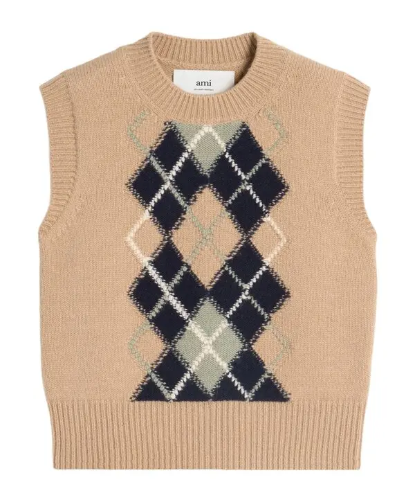 Ami Argyle Sleeveless Jumper - Nude/navy Blue/green