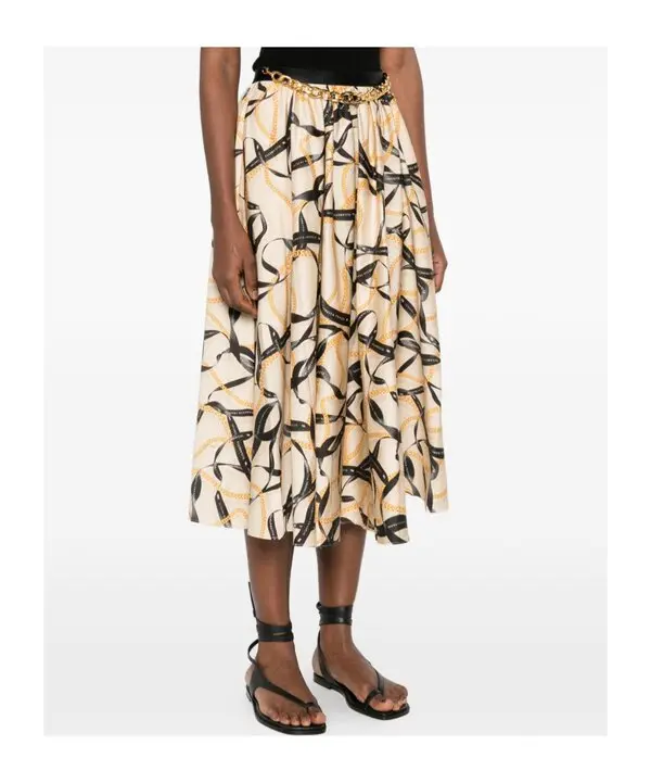 Elisabetta Franchi Midi Skirt With Chain And Ribbon Print - Nude