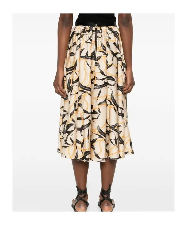Elisabetta Franchi Midi Skirt With Chain And Ribbon Print - Nude