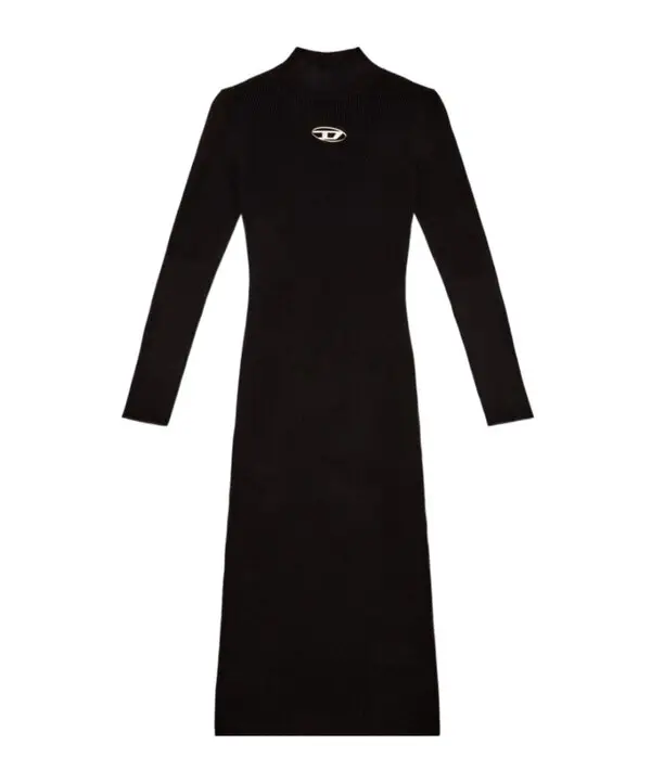 DIESEL® Long Sleeve Logo Plaque Ribbed Dress - Black