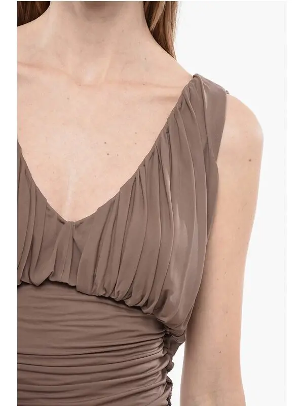 Saint Laurent Sleeveless V-neck Draped Jersey Dress - Brown