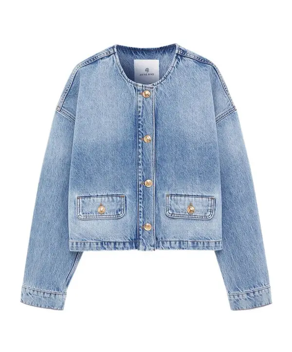 ANINE BING Buttoned Crewneck Denim Jacket - Blue