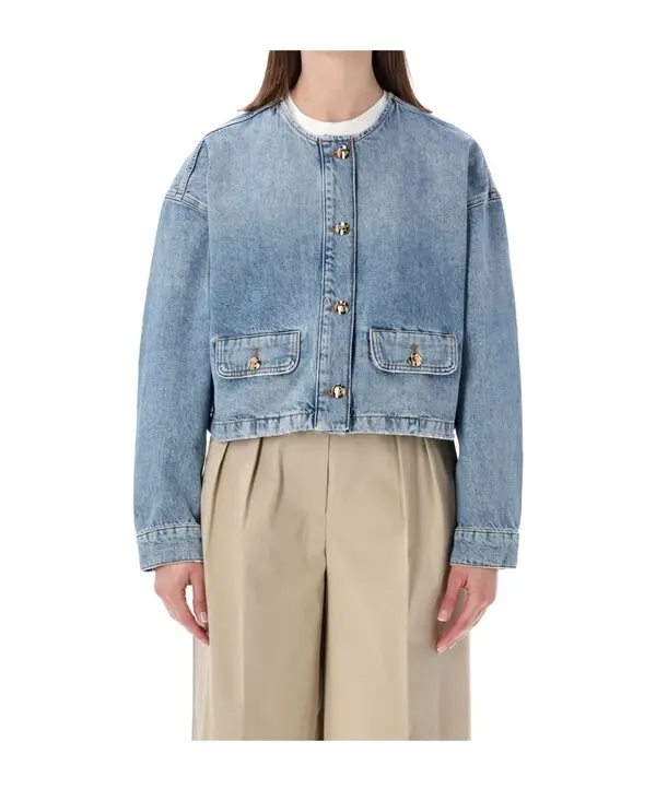 ANINE BING Buttoned Crewneck Denim Jacket - Blue