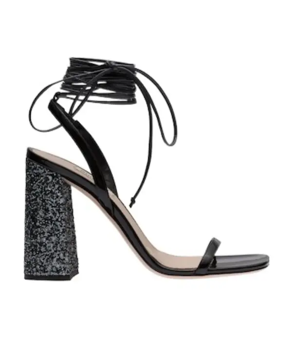 Miu Miu Glitter Block Heel Ankle Tie Sandals - Black