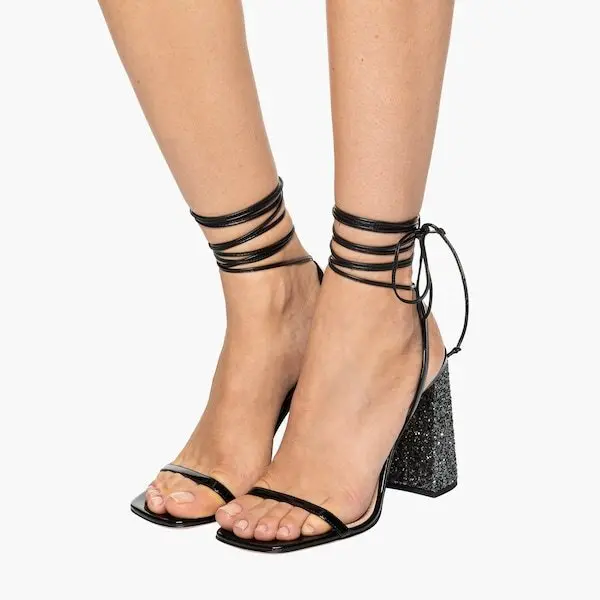Miu Miu Glitter Block Heel Ankle Tie Sandals