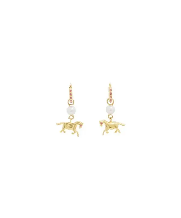 Marni Plated Brass Horse Charm Hoop Earrings With Pearl And Crystal Detail - Gold