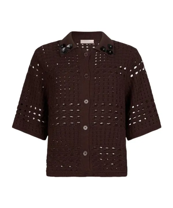 Liu Jo Openwork Knitted Top With Embellished Collar - Dark Brown