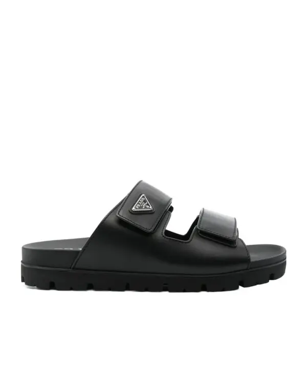 Prada Enamel Triangle Slip-on Sandals - Black